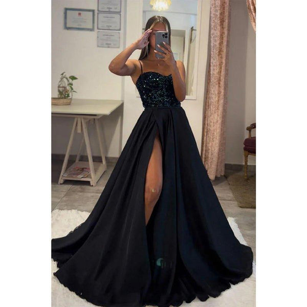 NumberSea-A-line Sweetheart Sequined Top Long Sparkly Prom Dress with Slit