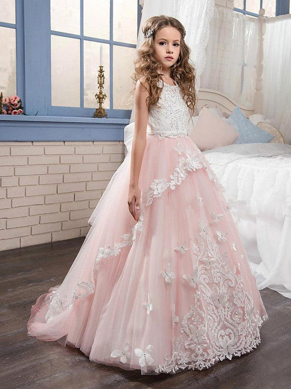 Long Princess Pageant Lace Tulle Sleeveless Jewel Neck Flower Girl Dre ...