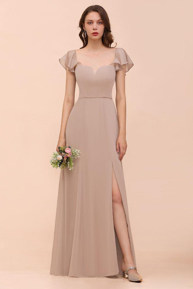 NumberSea-Puff Sleeve Khaki Bridesmaid Dress Side Spolit Maid of honor ...